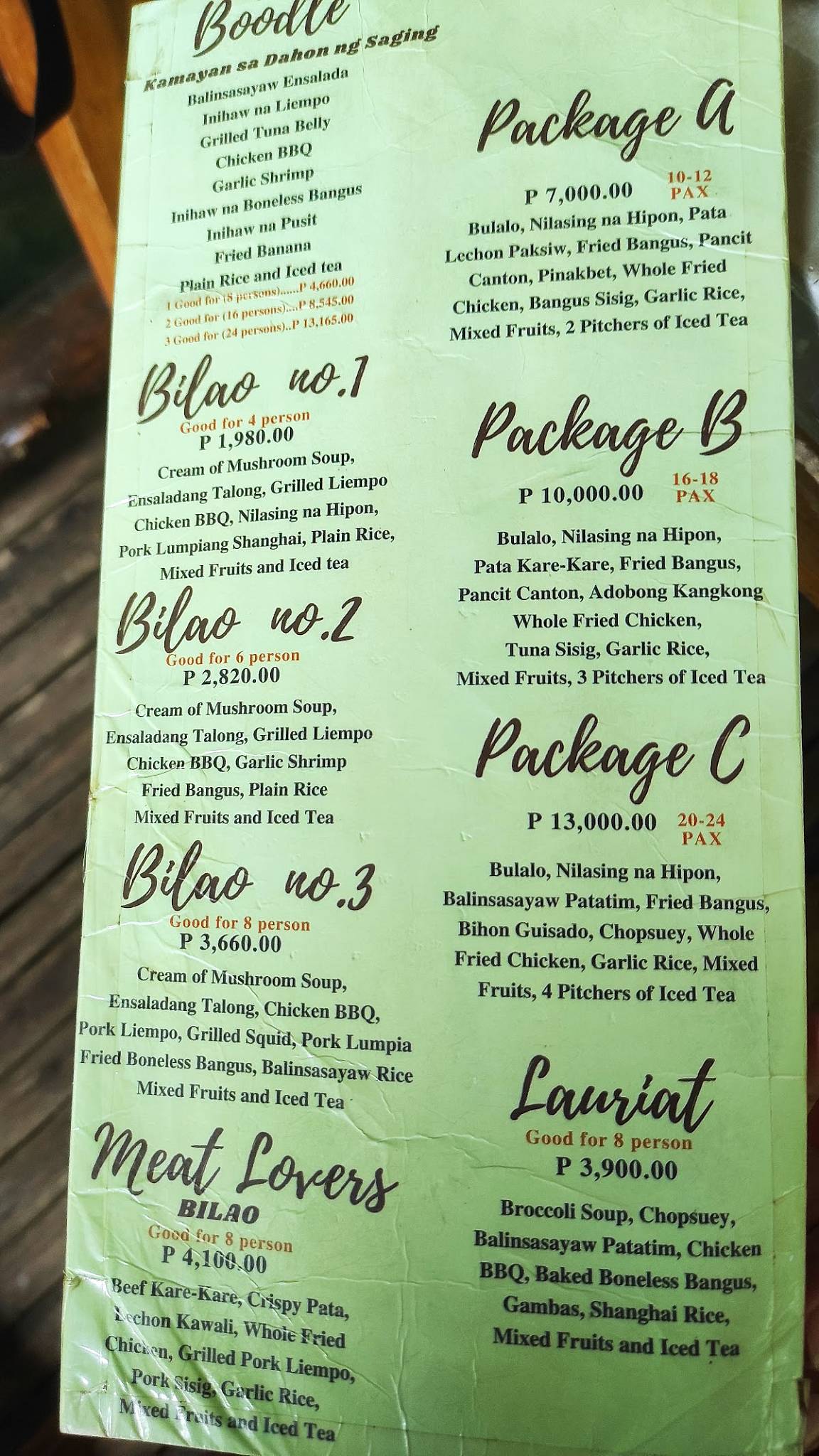 Menu at Balinsasayaw restaurant, Silang, KM44 Emilio Aguinaldo Hwy