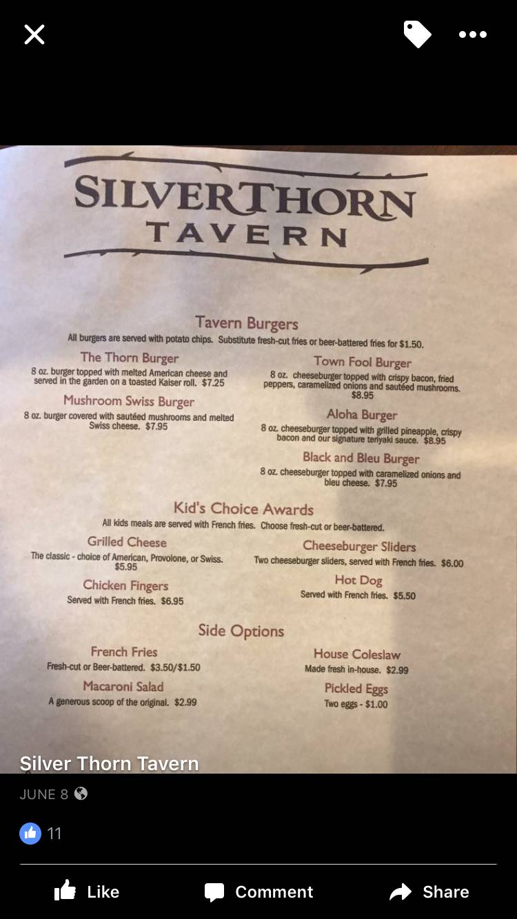 Menu at Silver Thorn Tavern pub & bar, Hughesville