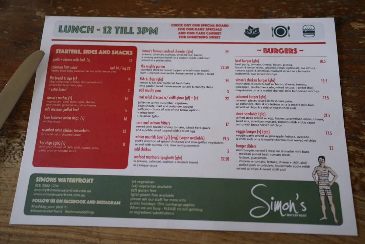 Menu at Simon's Waterfront cafe, Warrnambool