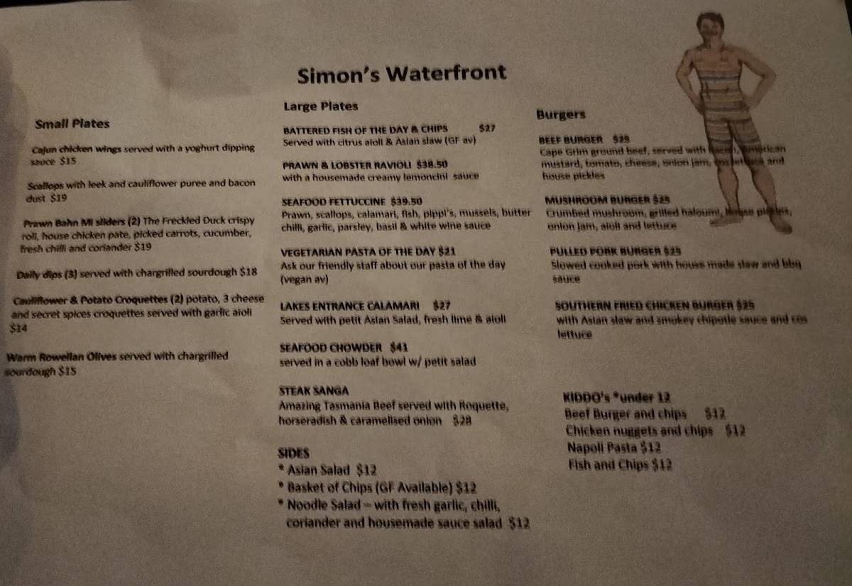 Menu at Simon's Waterfront cafe, Warrnambool