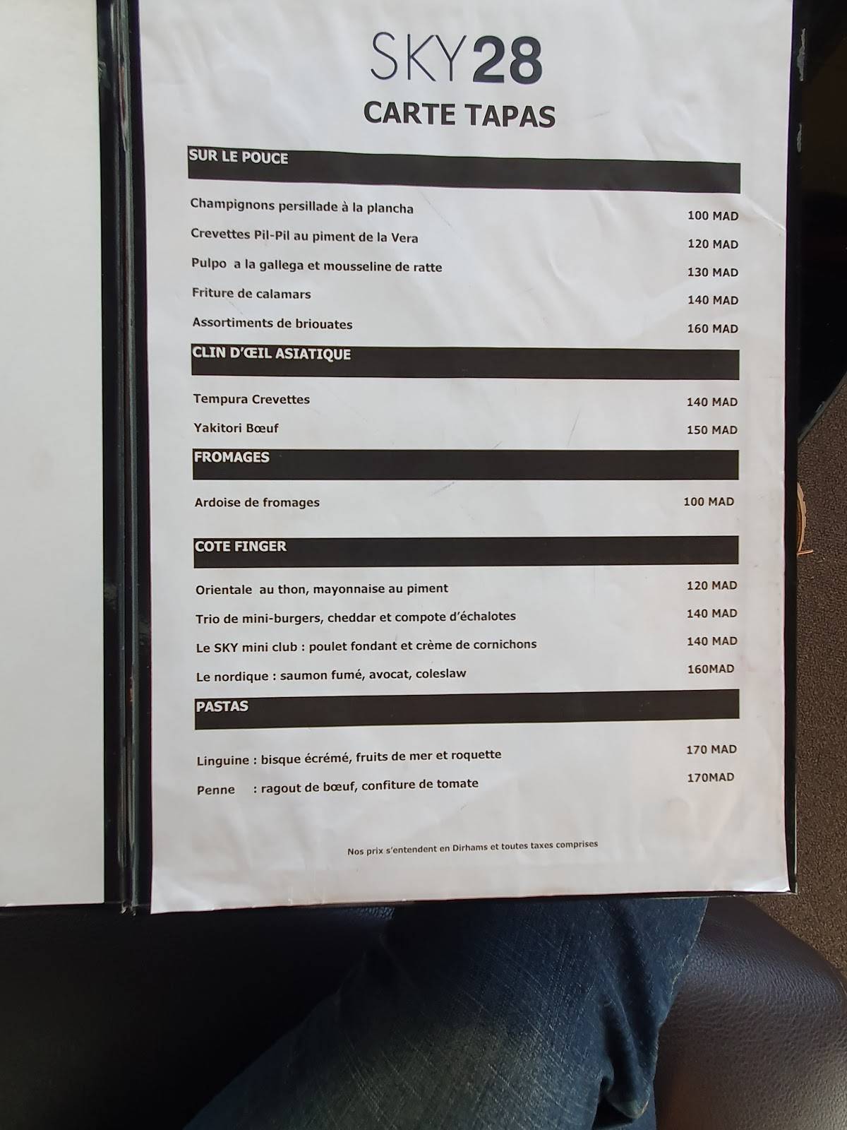 Menu at Sky 28 restaurant, Casablanca
