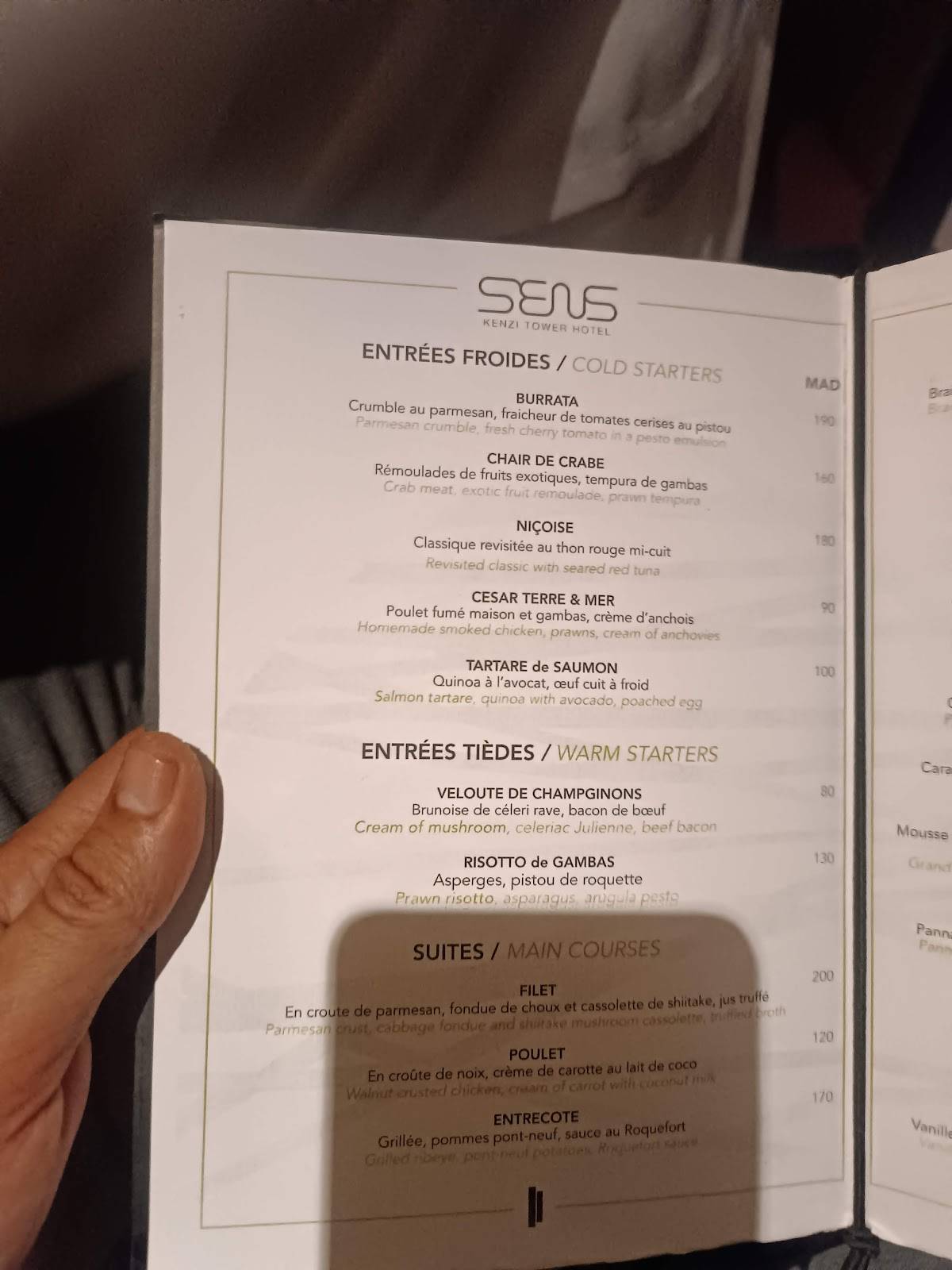 Menu au Sky 28 restaurant, Casablanca