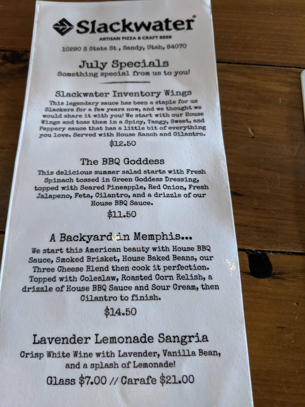 Menu at Slackwater Sandy pub & bar, Sandy