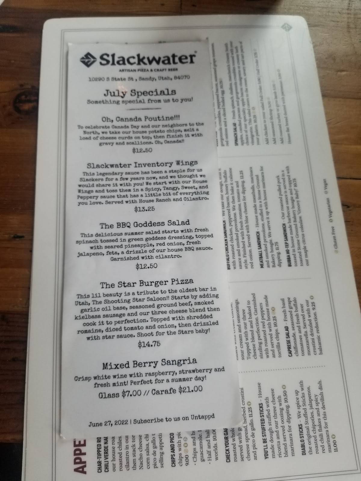 Menu at Slackwater Sandy pub & bar, Sandy