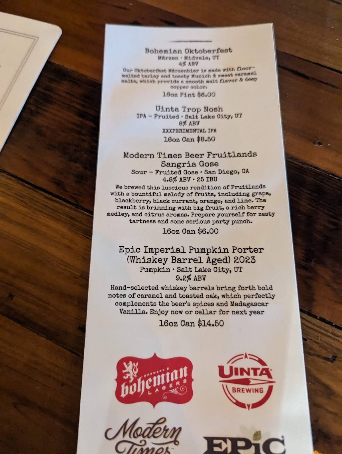 Menu at Slackwater Sandy pub & bar, Sandy