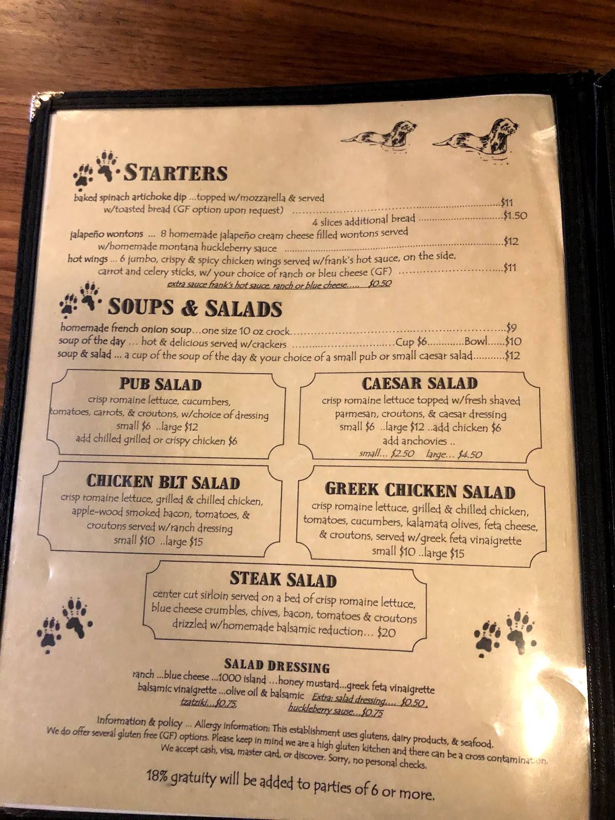 Menu at Slippery Otter Pub, West Yellowstone, 139 N Canyon St