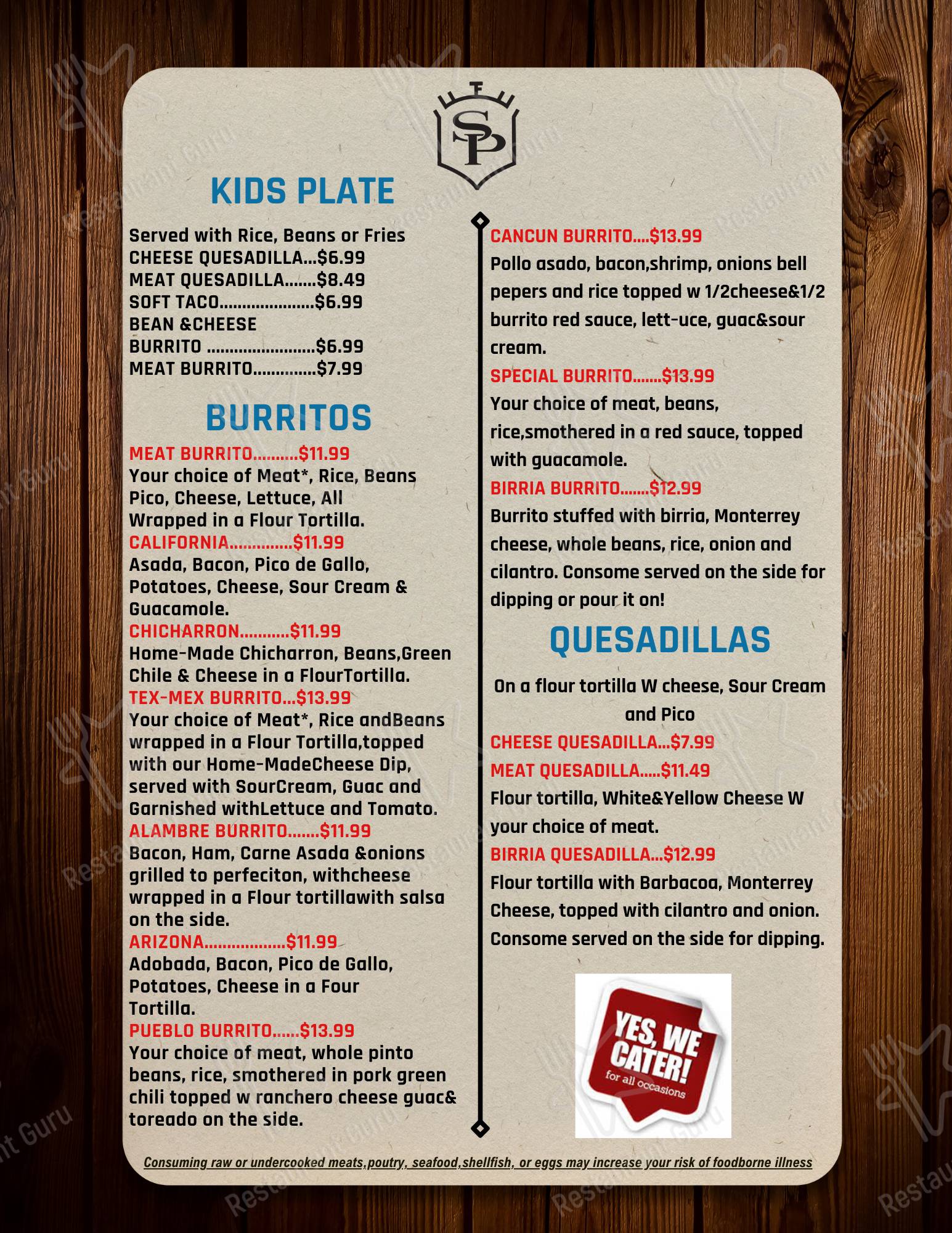 Menu at Sonora's Prime Carniceria & Taco Shop restaurant, Colorado Springs