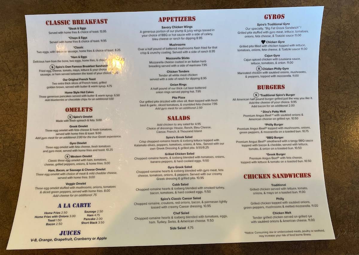 Menu at Spiros restaurant, Columbus, McKinley Ave