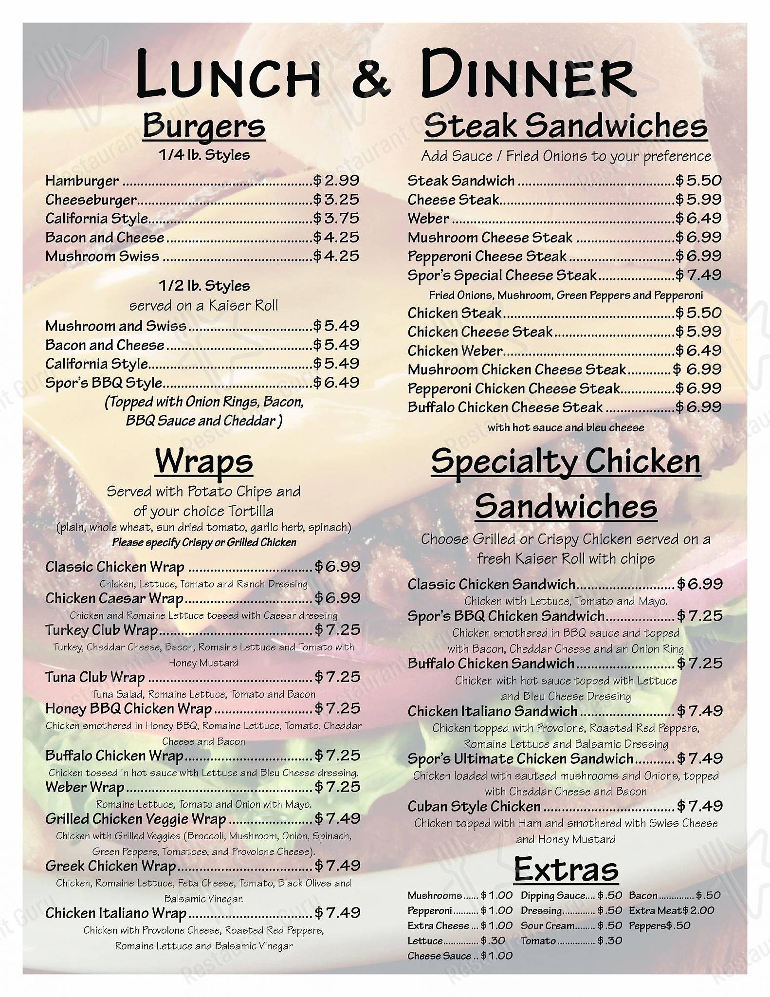 Menu at Spor's General Store restaurant, Trumbauersville
