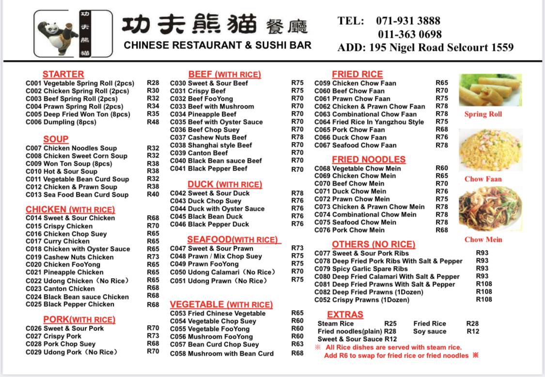 Menu at Kung Fu Panda Restaurant & Sushi Bar, Springs