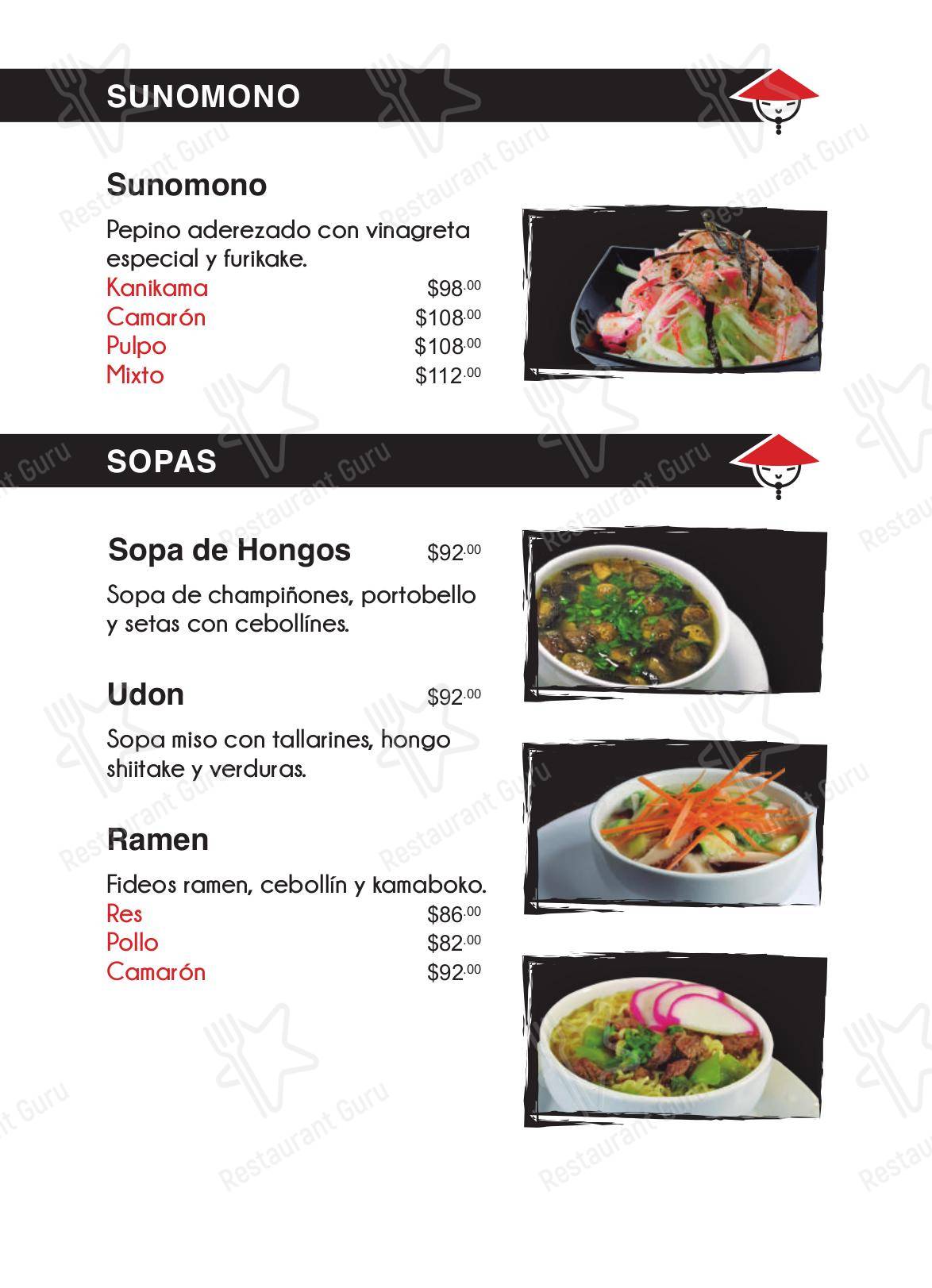 Menu at Sr. Kimono restaurant, Saltillo