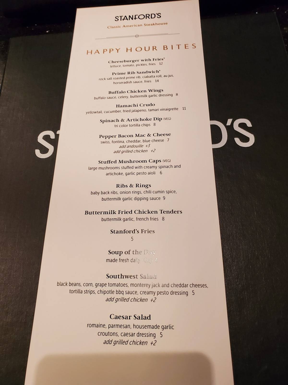 Menu at Stanford's Tanasbourne restaurant, Hillsboro