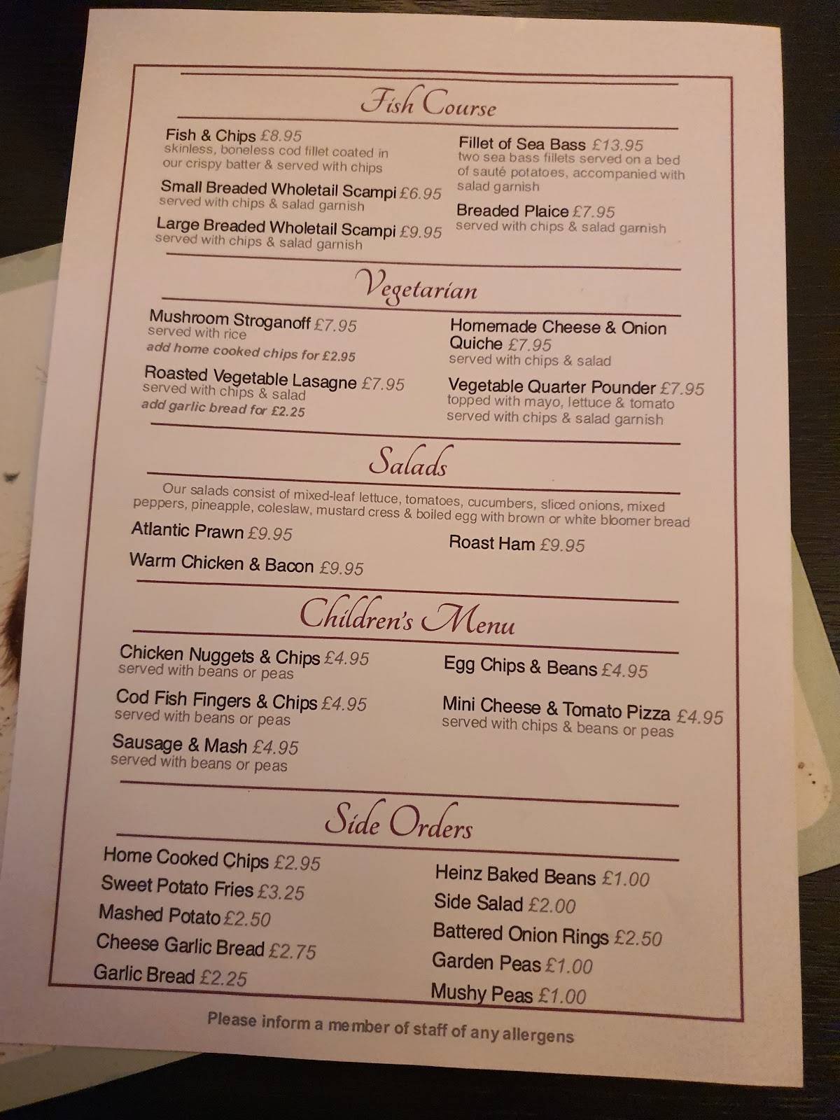 Menu at The Shepherd & Shepherdess Inn restaurant, Stanley