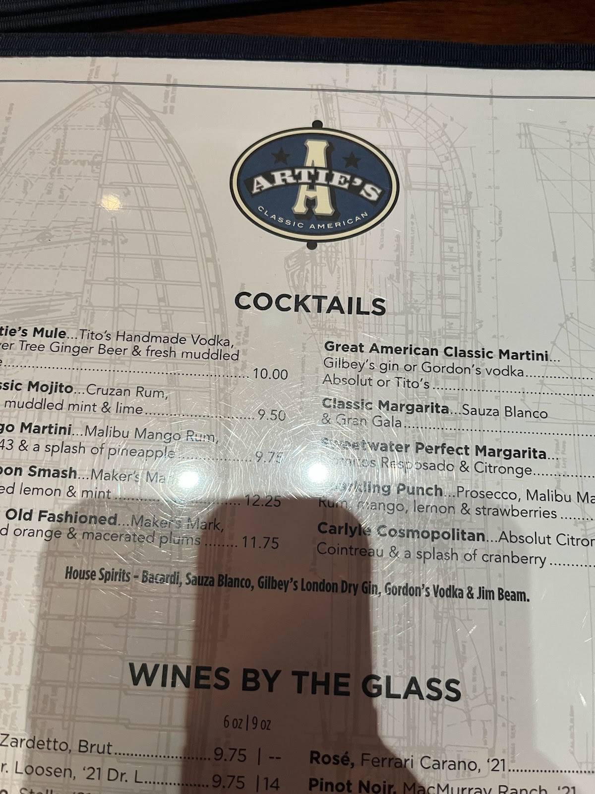 Menu at Artie's steakhouse, Fairfax