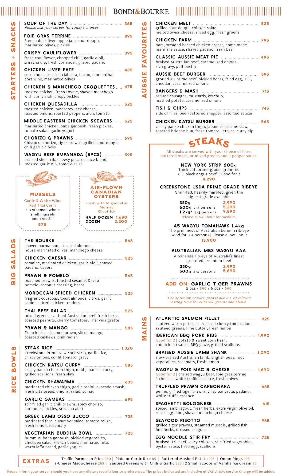 Menu at Bondi & Bourke steakhouse, Makati, Cattleya Condominium