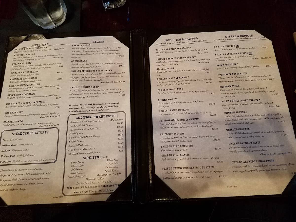 Menu at Charles Anthony's Restaurant At The Pub, Montgomery