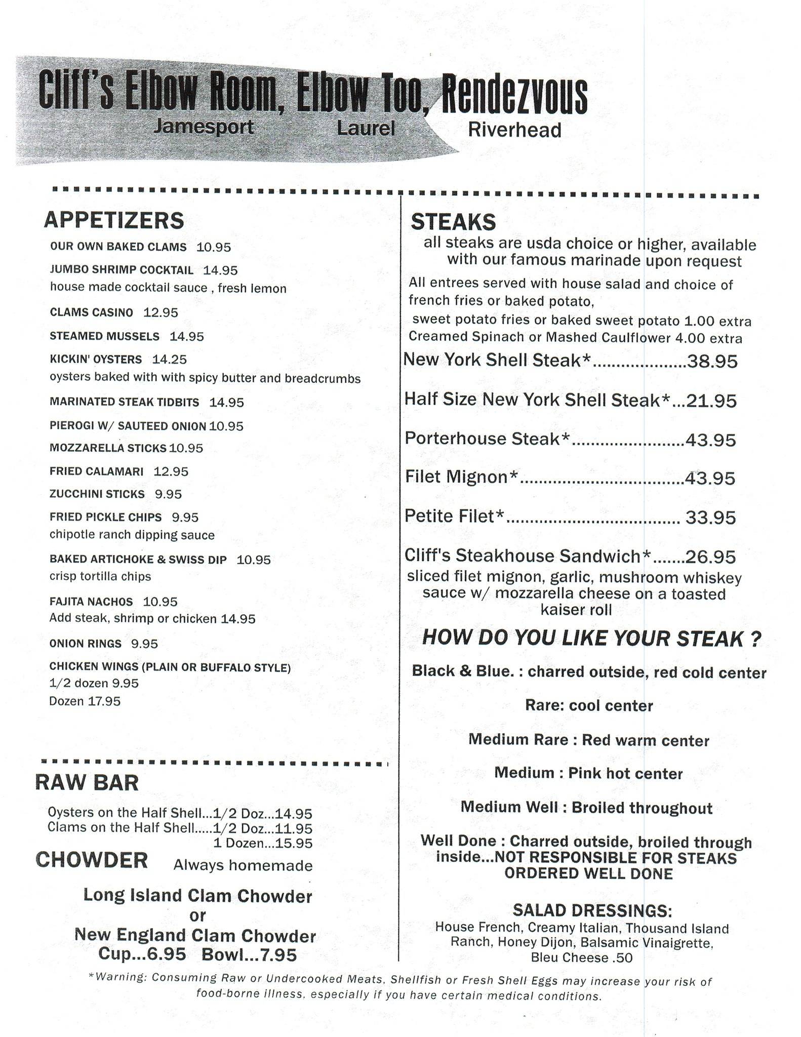 Menu at Cliff's Rendezvous steakhouse, Riverhead