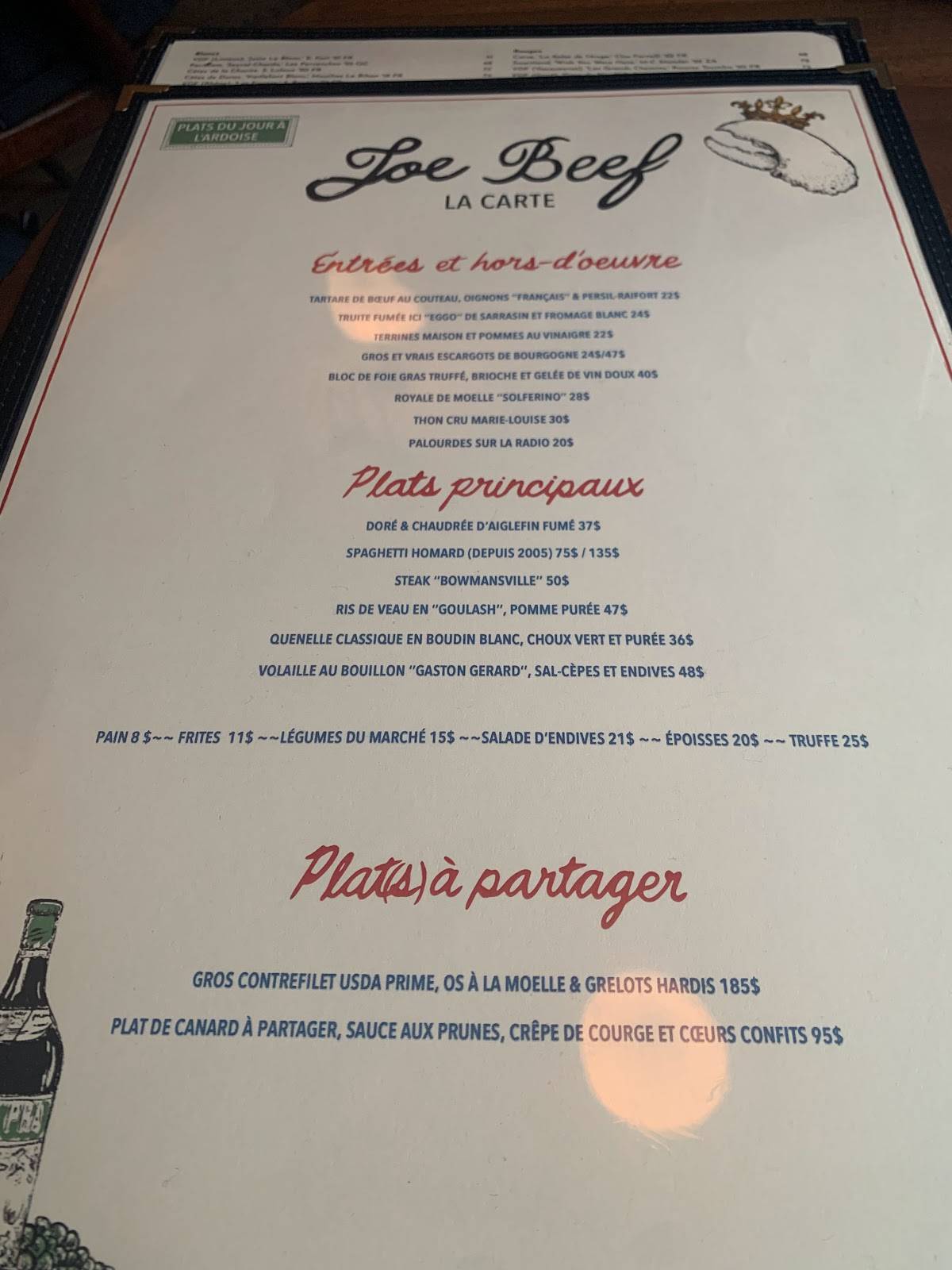 Menu at Joe Beef steakhouse, Montréal