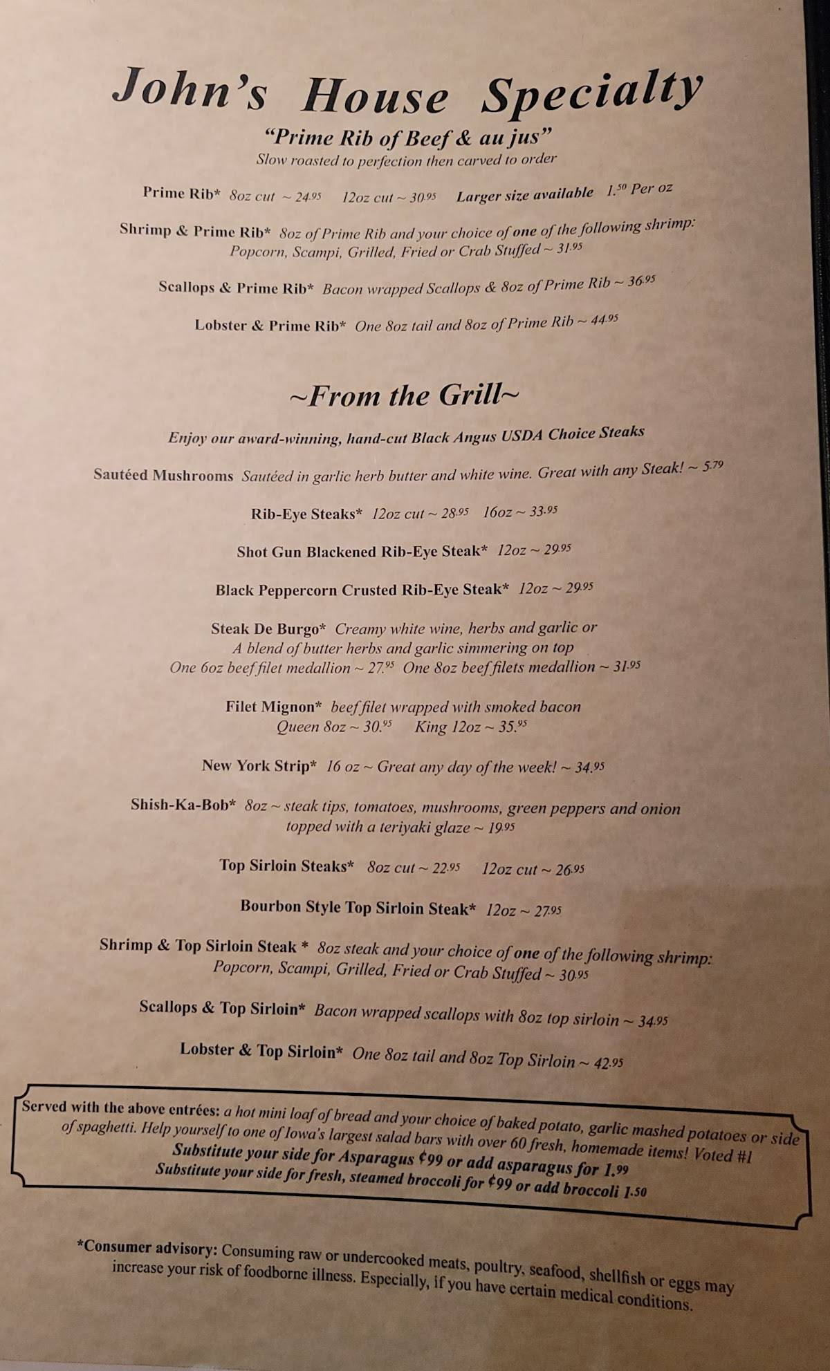 Menu at John & Nick's Steak & Prime Rib Inc steakhouse, Clive