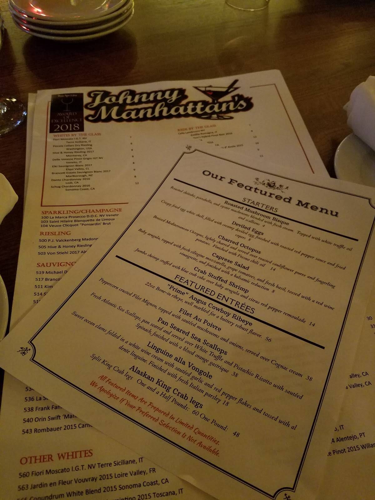 Menu at Johnny Manhattan's steakhouse, Hubertus