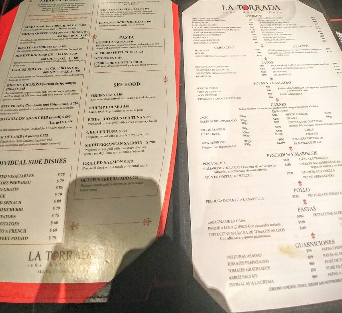 Carta de parrilla La Torrada, Monterrey, 2500 Col. Valle Oriente