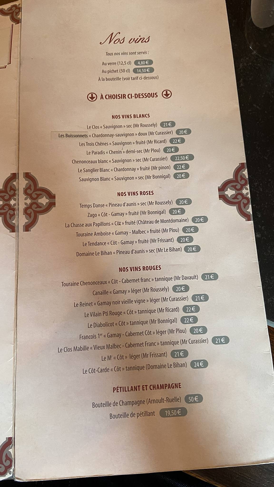 Menu at Le Parvis steakhouse, Amboise