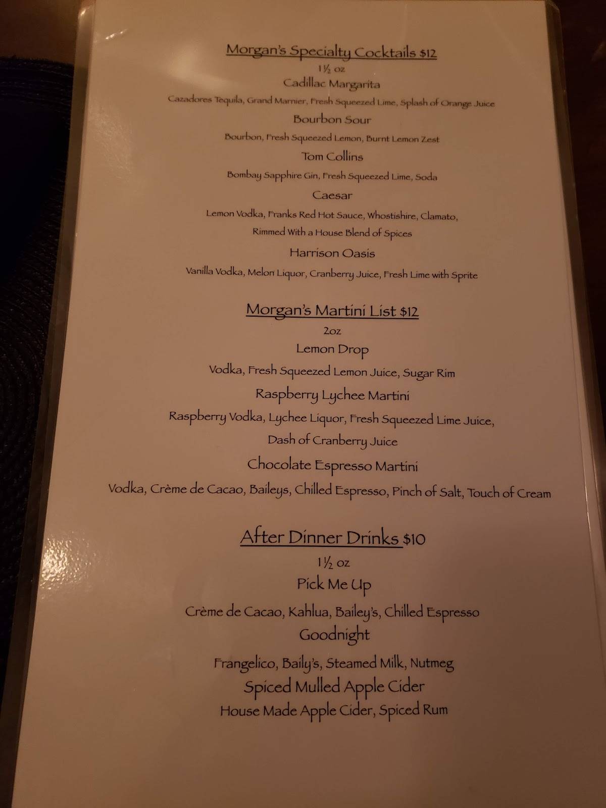 Menu at Morgan's Bistro steakhouse, Harrison Hot Springs
