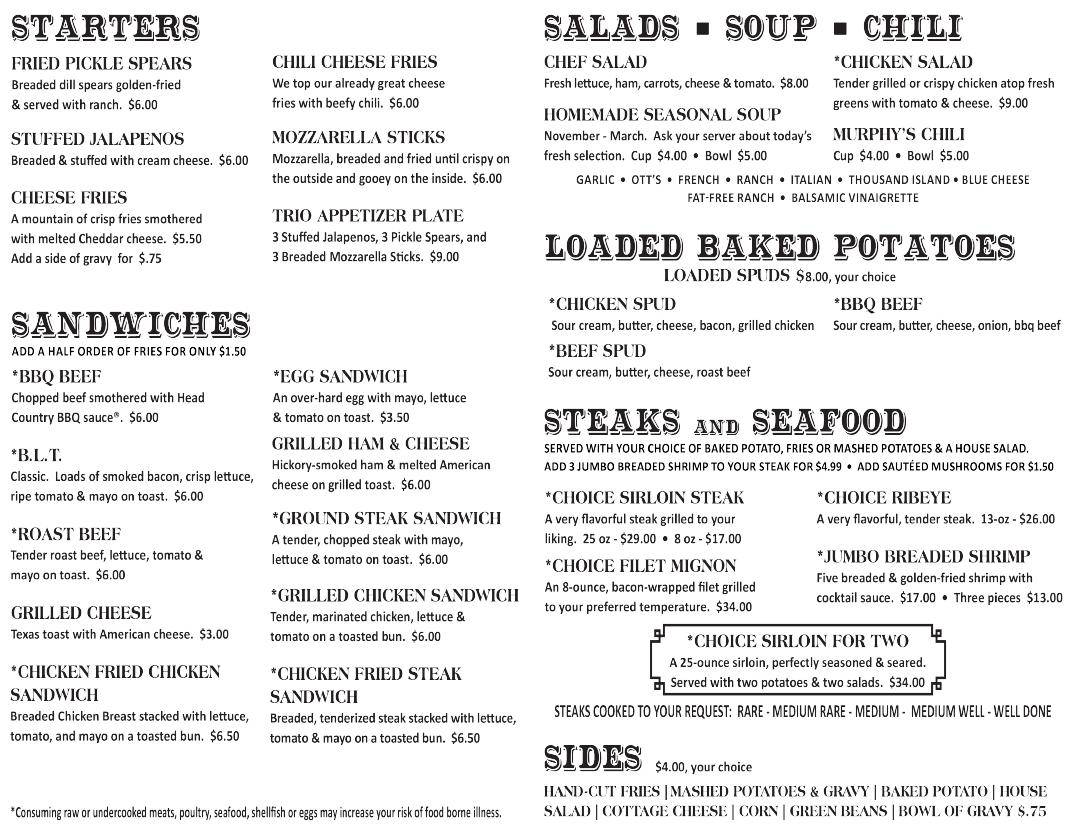 Menu at Murphy's Original Steak House steakhouse, Bartlesville