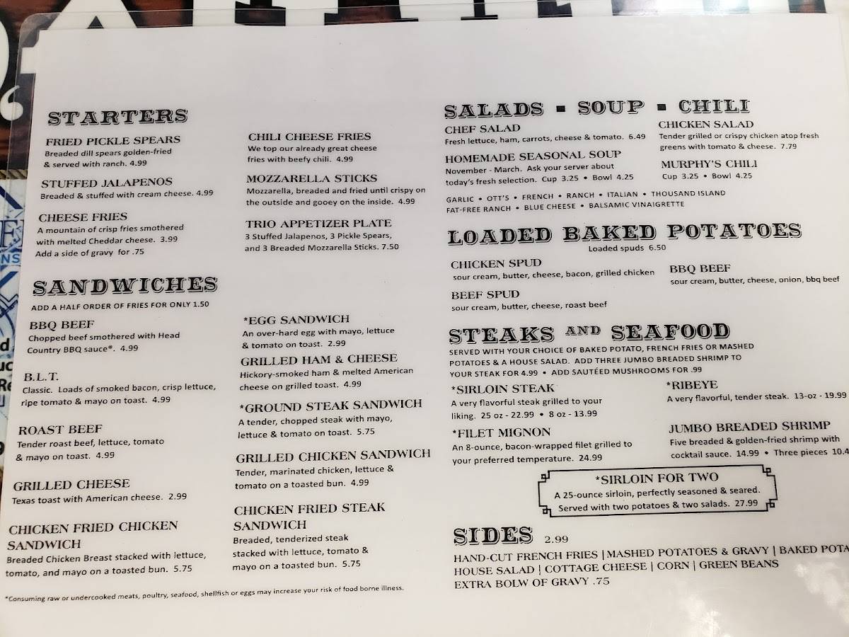 Menu at Murphy's Original Steak House steakhouse, Bartlesville
