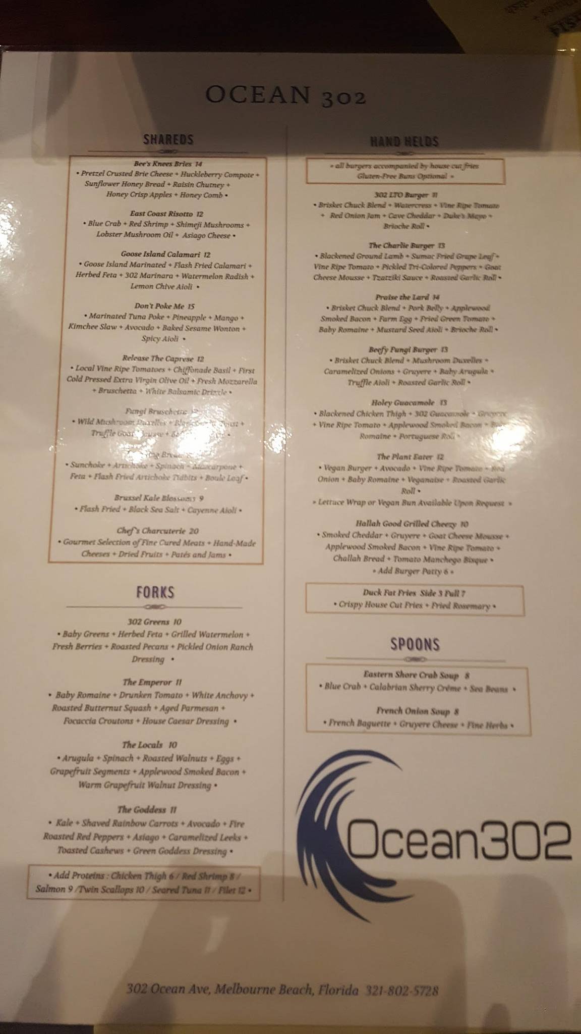 Menu at Ocean 302 steakhouse, Melbourne Beach