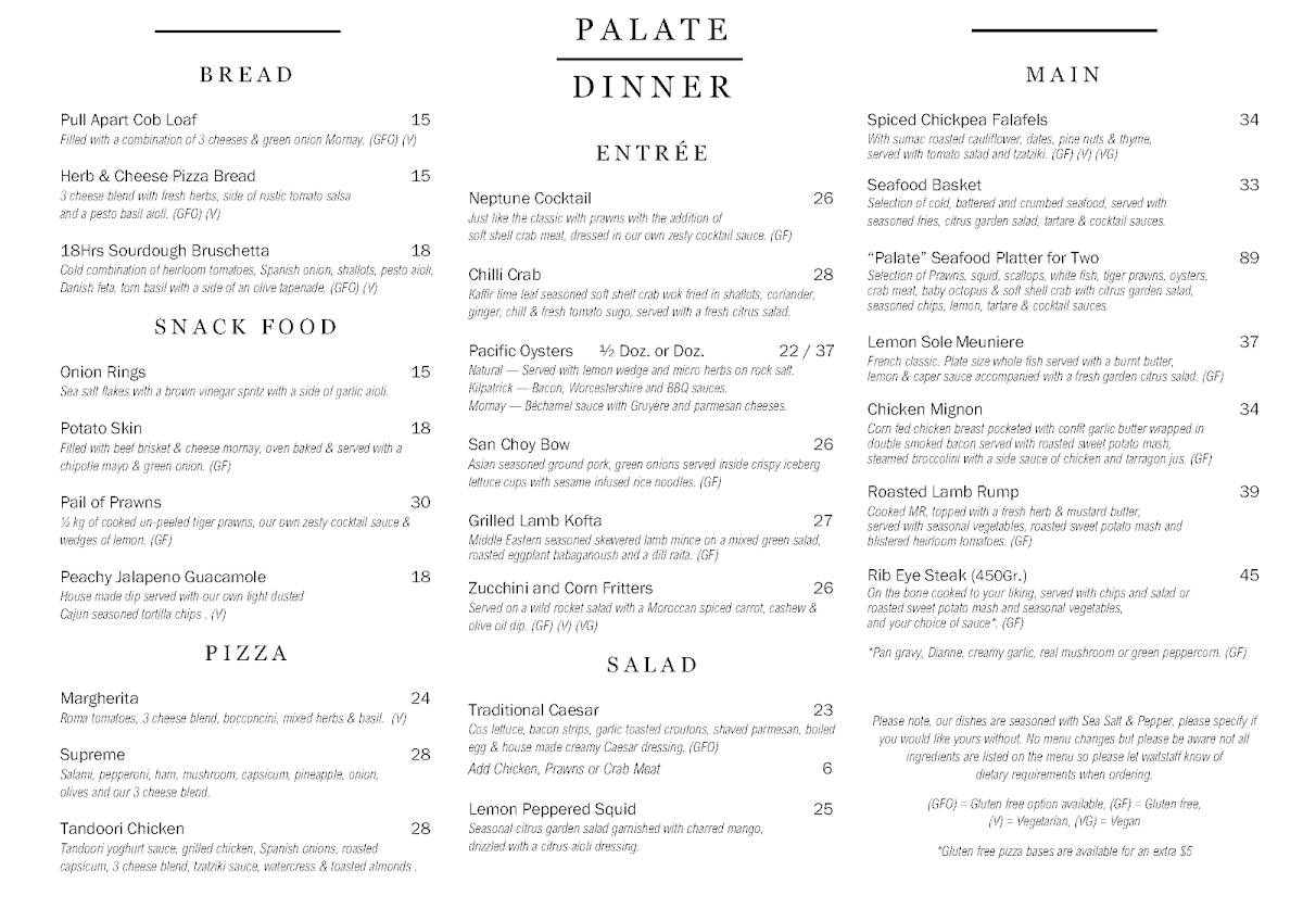 Menu at Palate Restaurant Mudgee, Mudgee