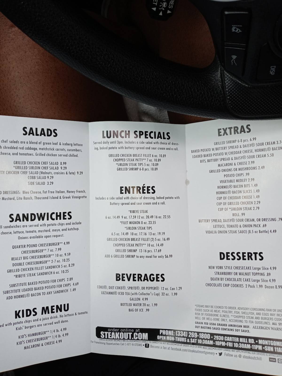 Menu at STEAK-OUT MONTGOMERY steakhouse, Montgomery, Carter Hill Rd