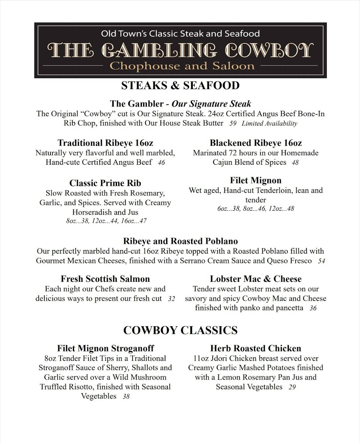 Menu at The Gambling Cowboy steakhouse, Temecula