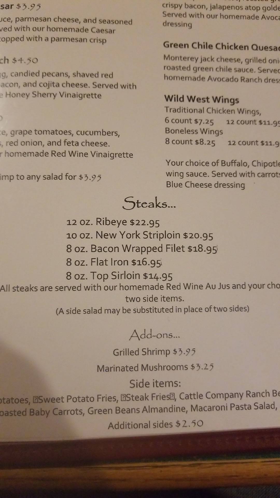 Menu at Van Horn Cattle Company steakhouse, Van Horn