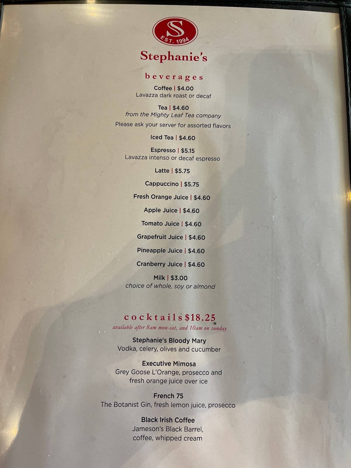 Menu at Stephanie's pub & bar, Boston, Logan Airport Terminal B