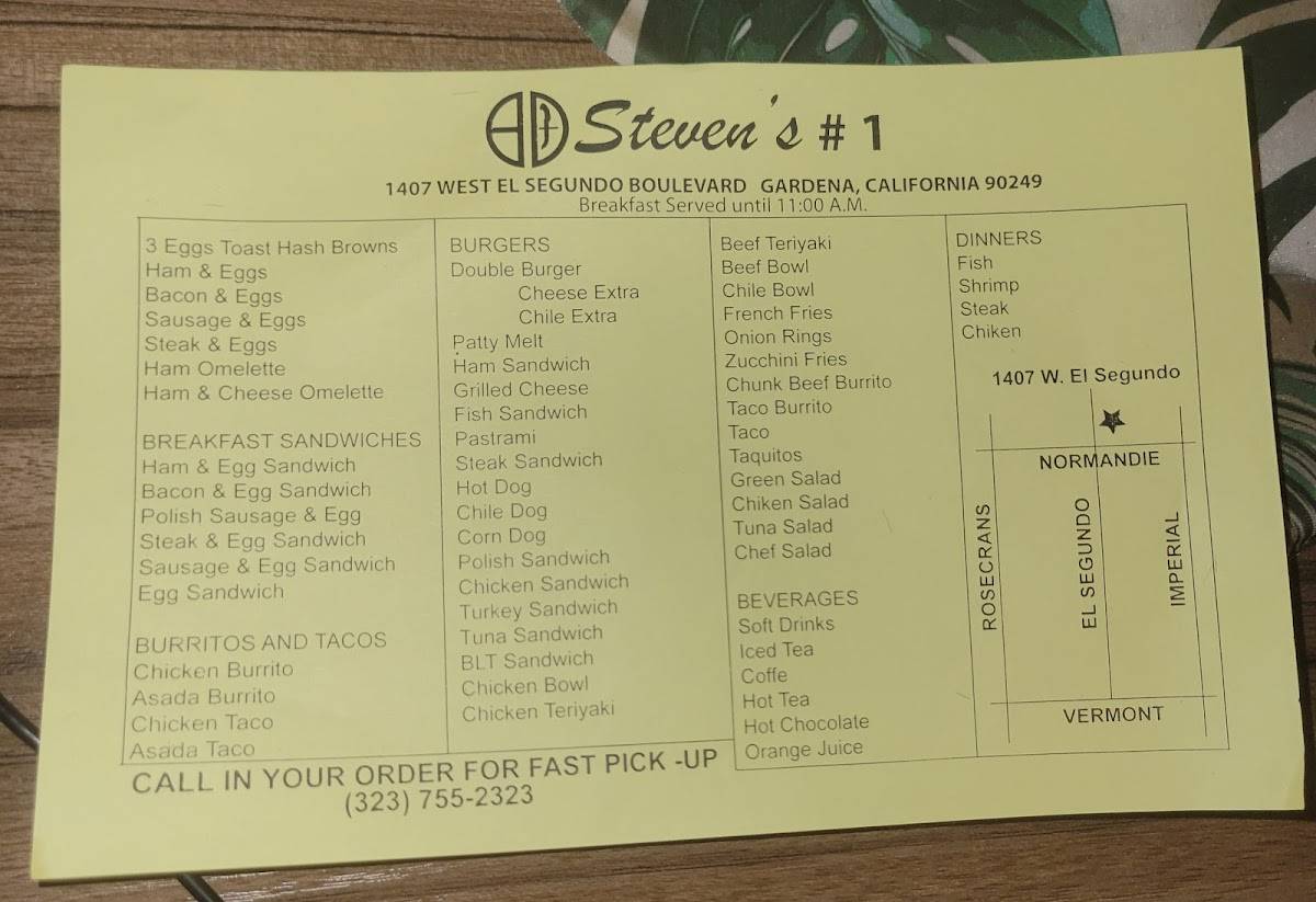 Menu at Steven's Burgers restaurant, Gardena