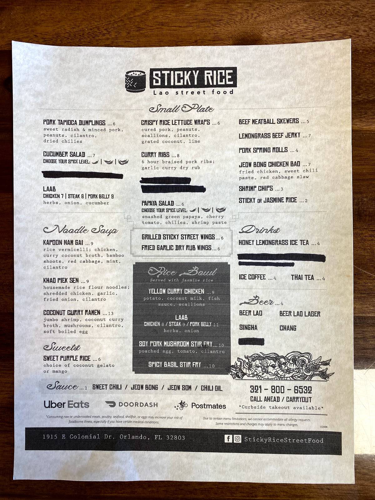 Menu at Sticky Rice restaurant, Orlando