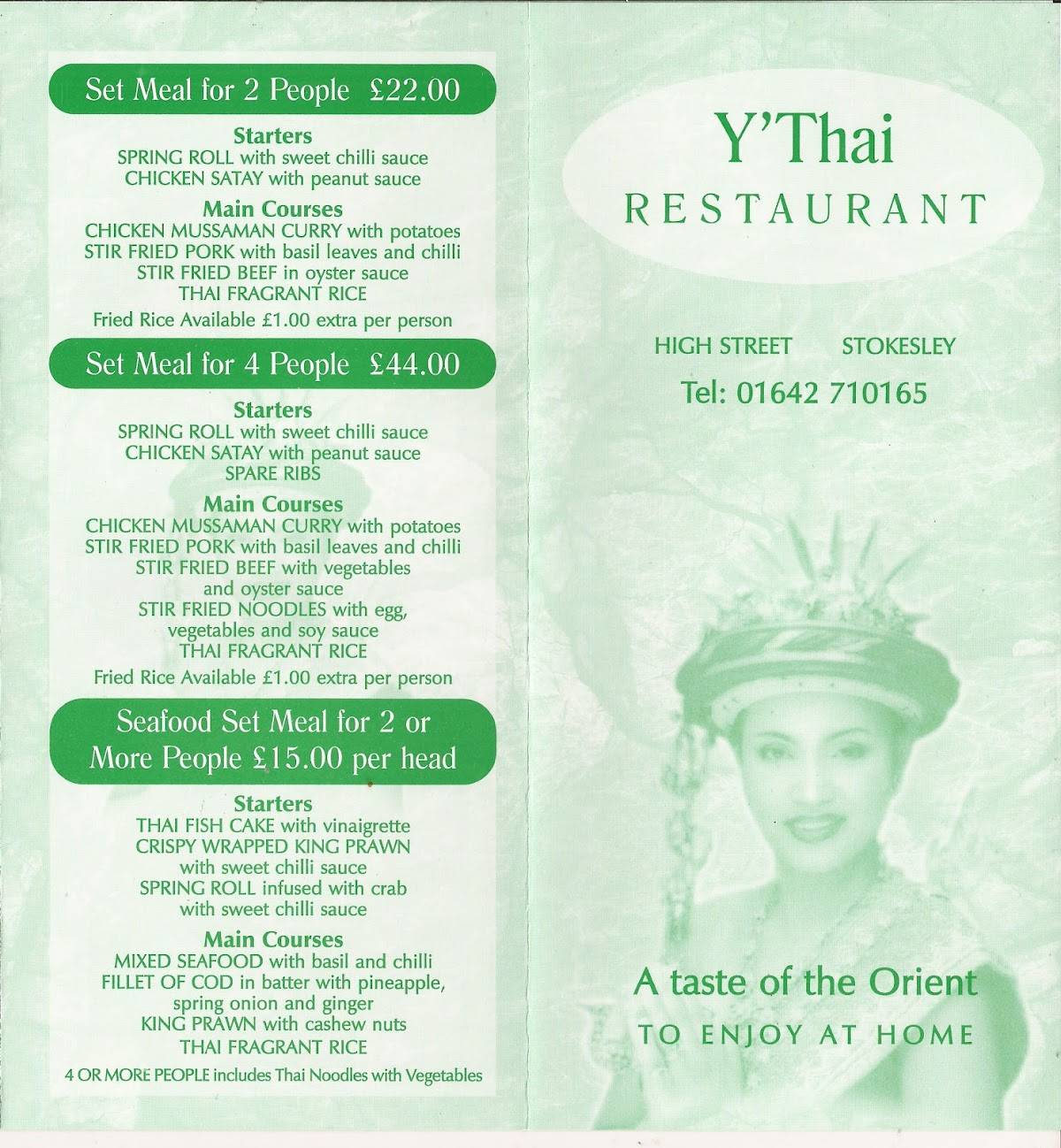 Menu at Y'Thai restaurant, Stokesley