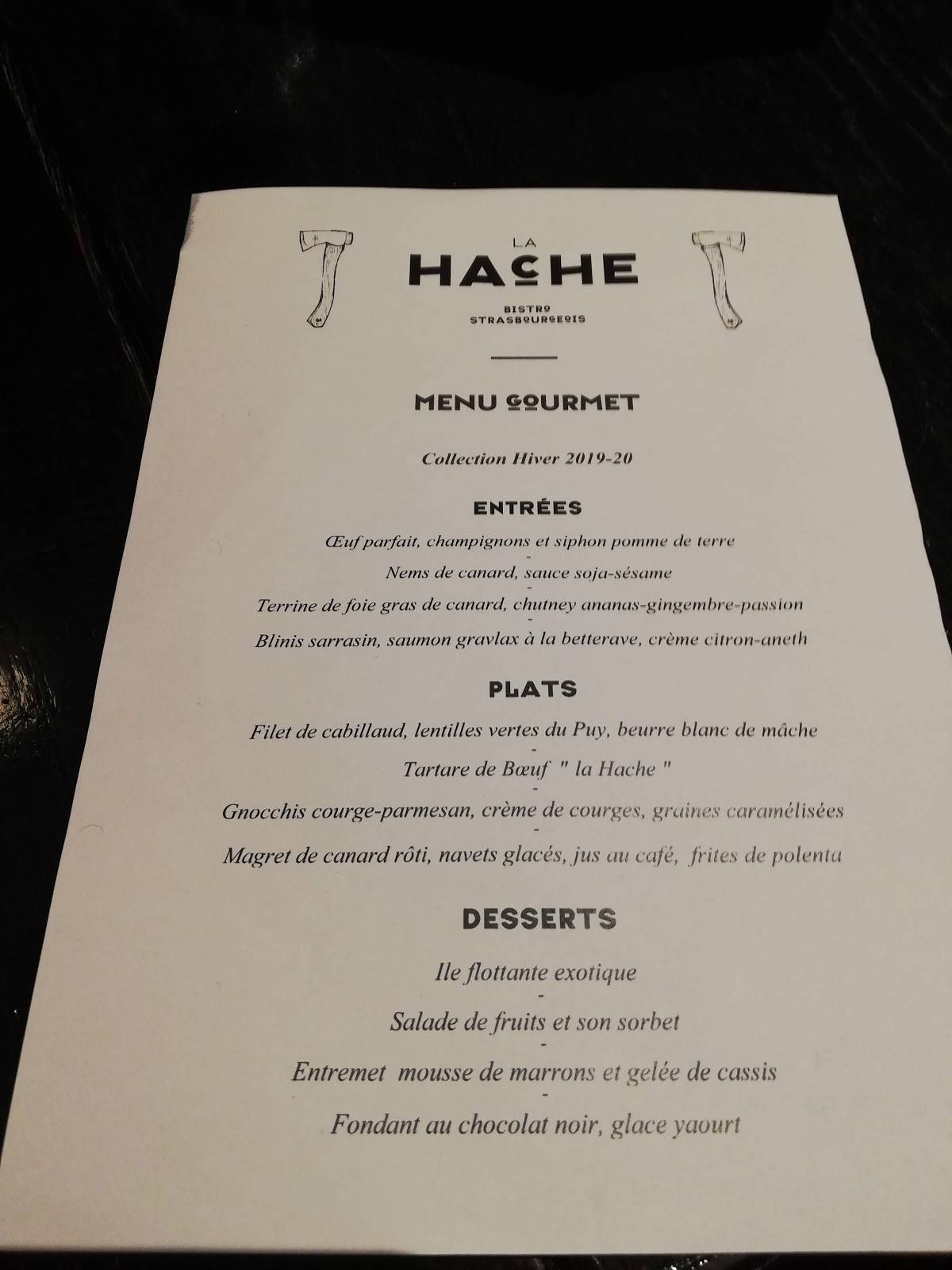 Menu au La Hache restaurant, Strasbourg