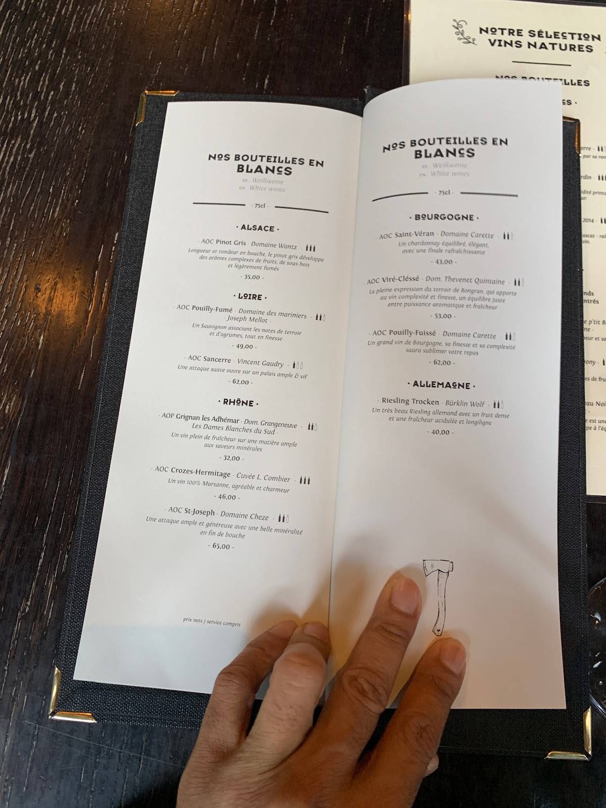 Menu au La Hache restaurant, Strasbourg
