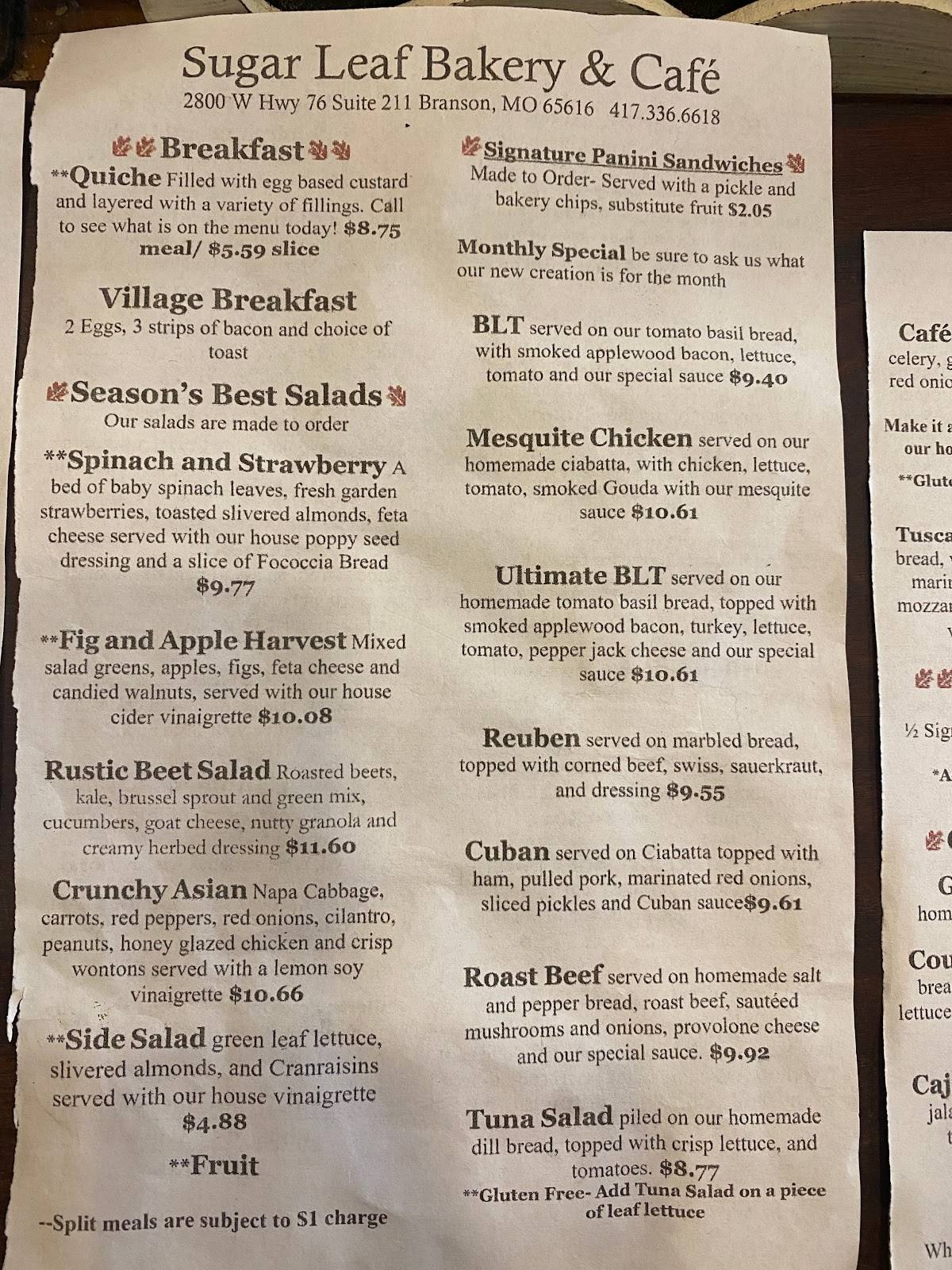 Menu at Sugar Leaf Bakery, Cafe & Espresso, Branson, W 76 Country Blvd
