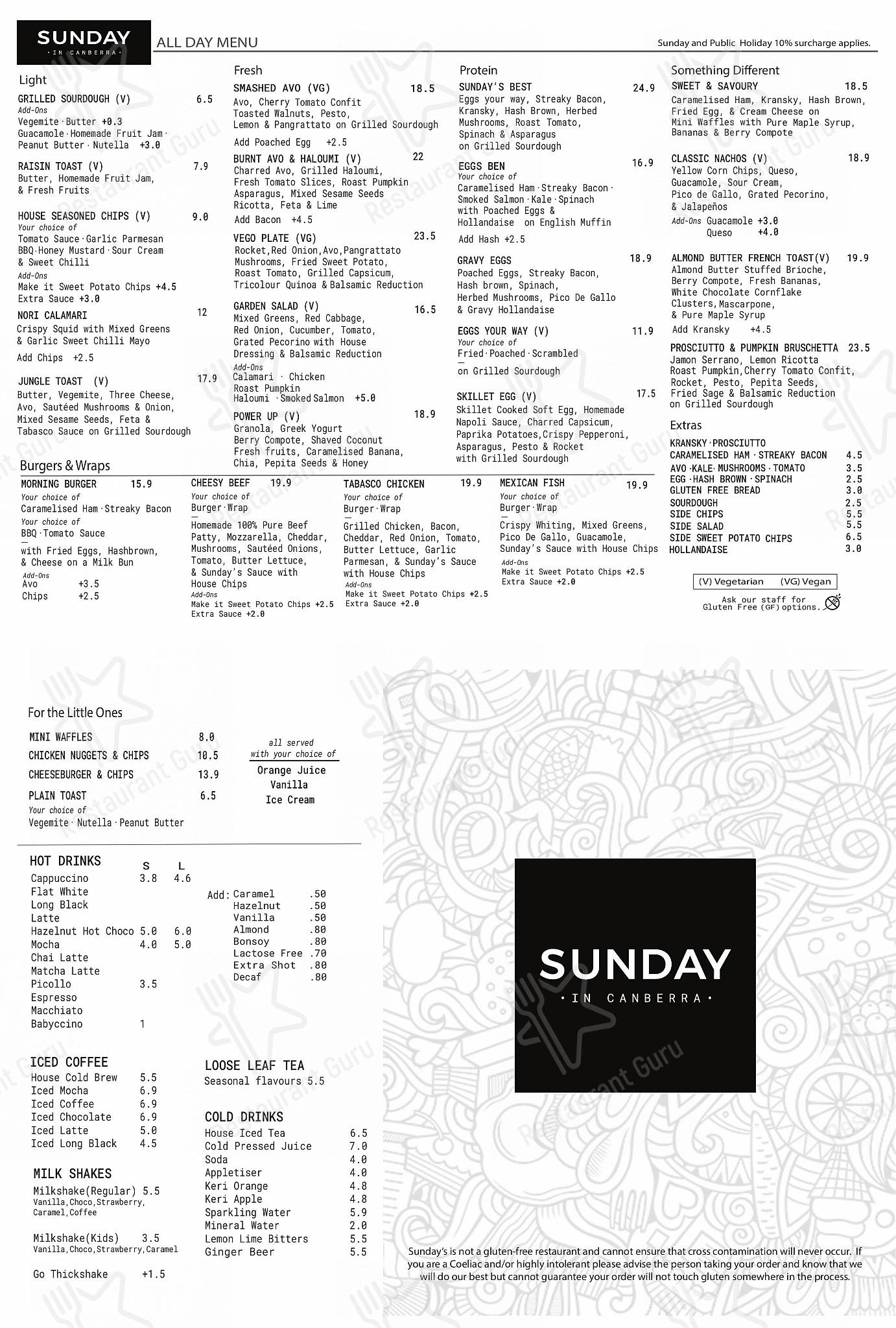 Menu at Sunday in Canberra Cafe, Gungahlin