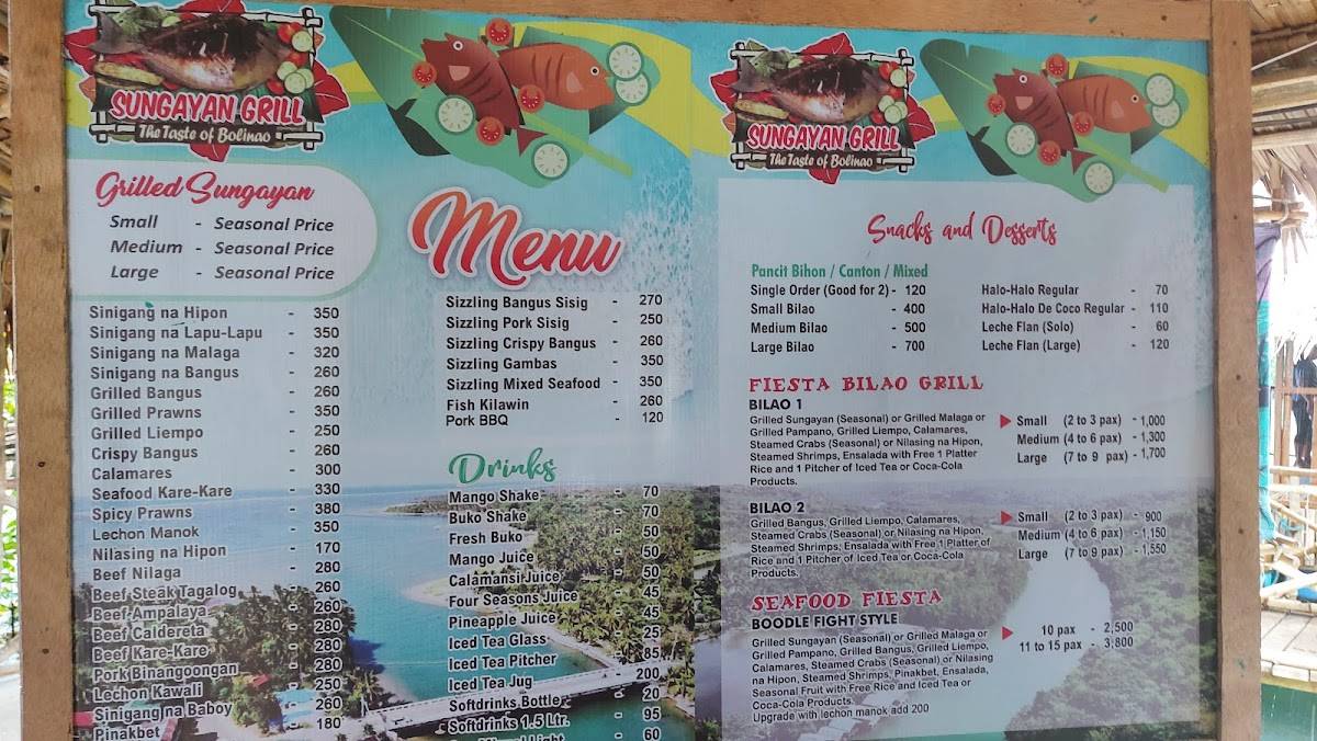 Menu at Sungayan Grill restaurant, Bolinao, 9V34+Q2W
