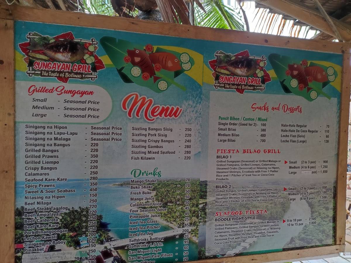 Menu at Sungayan Grill restaurant, Bolinao, 9V34+Q2W