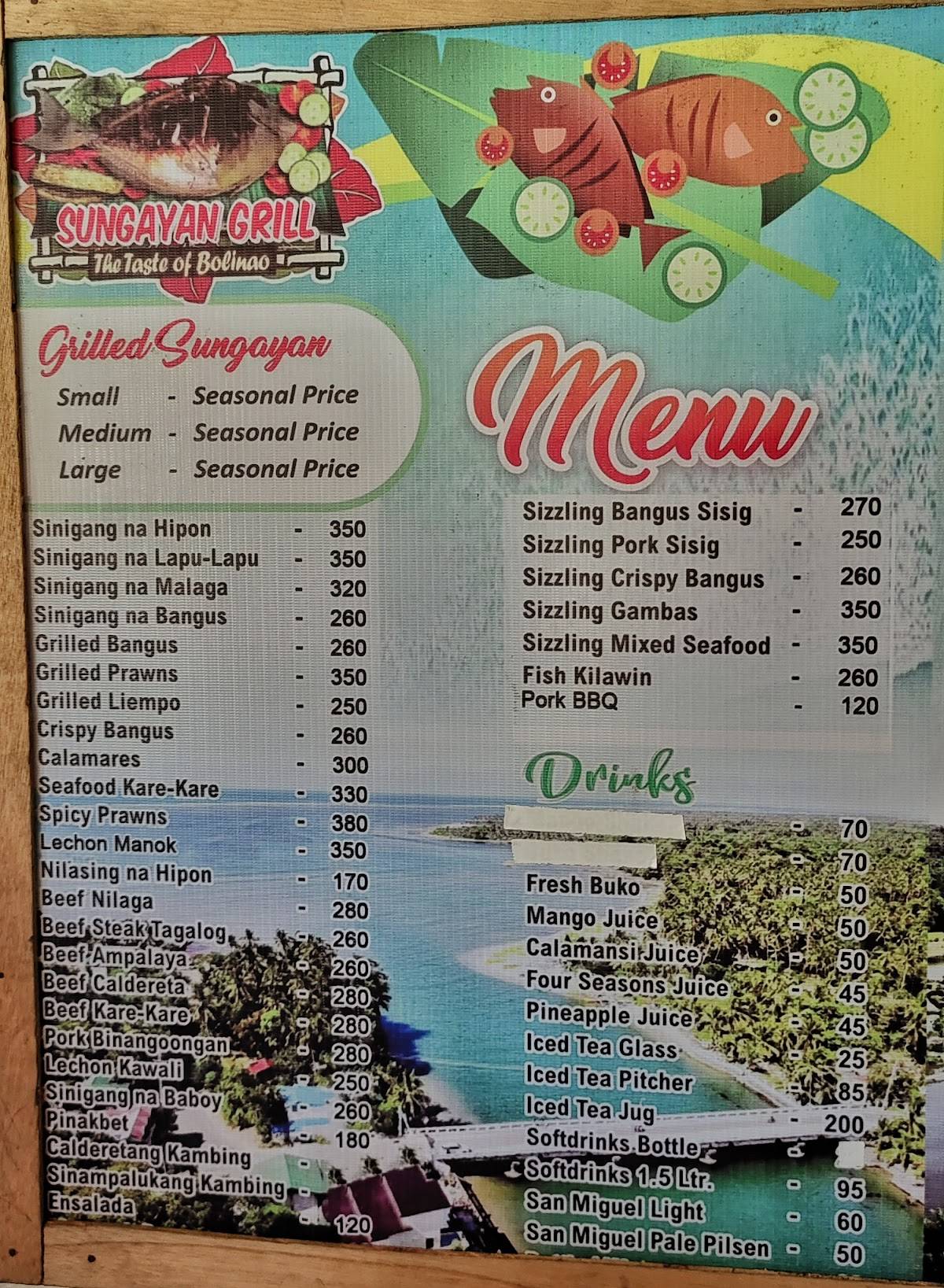 Menu at Sungayan Grill restaurant, Bolinao, 9V34+Q2W
