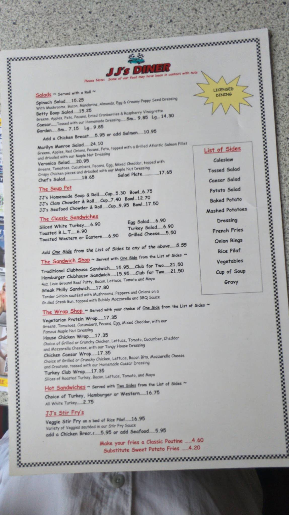 Menu at JJ's Diner restaurant, Sussex