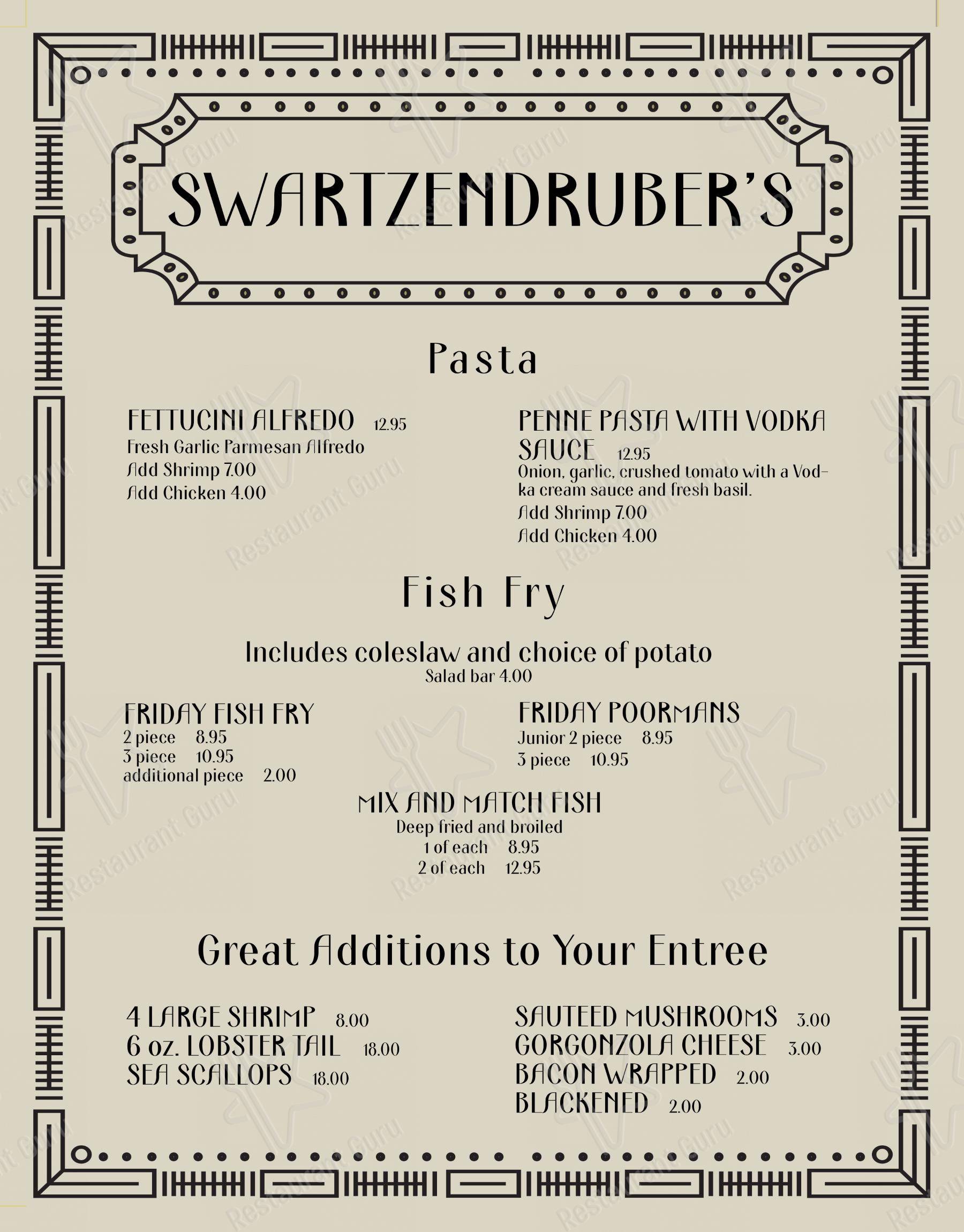 Menu at Swartzendruber Supper Club, Antigo