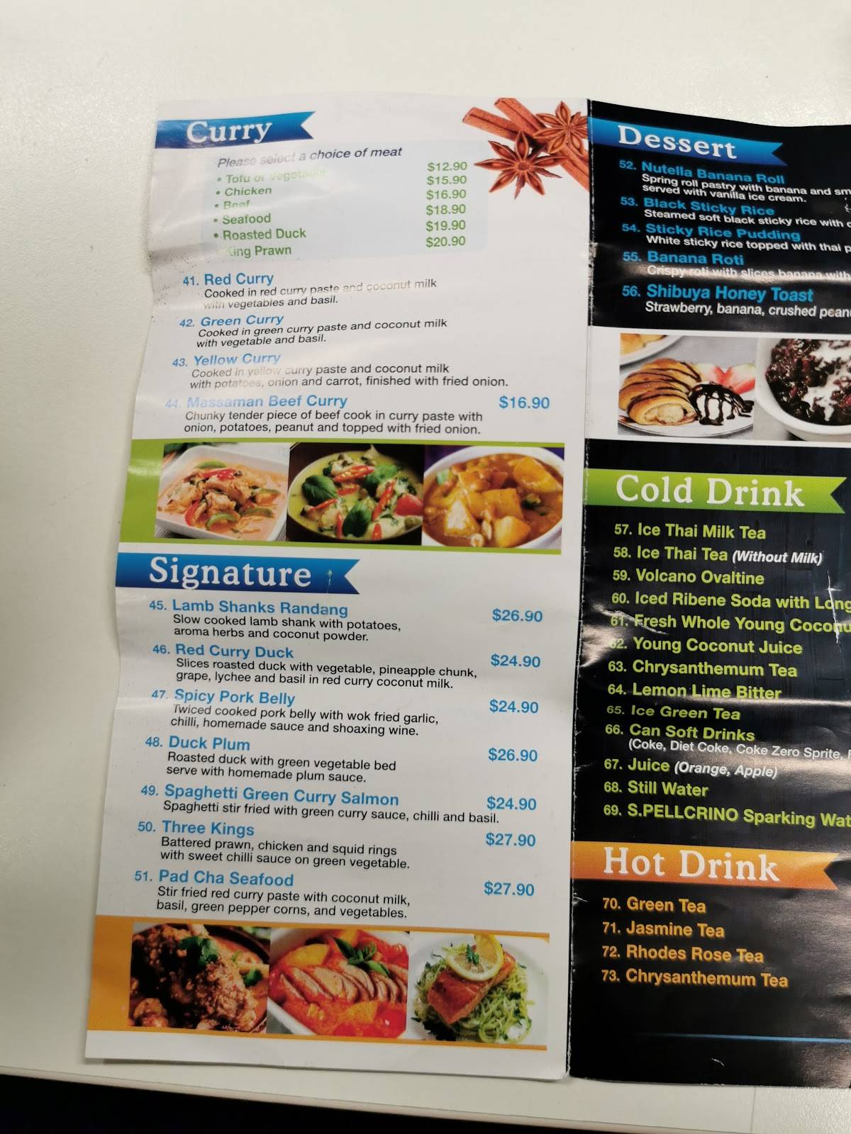Menu at Blue Elephant Thai restaurant, Darlinghurst
