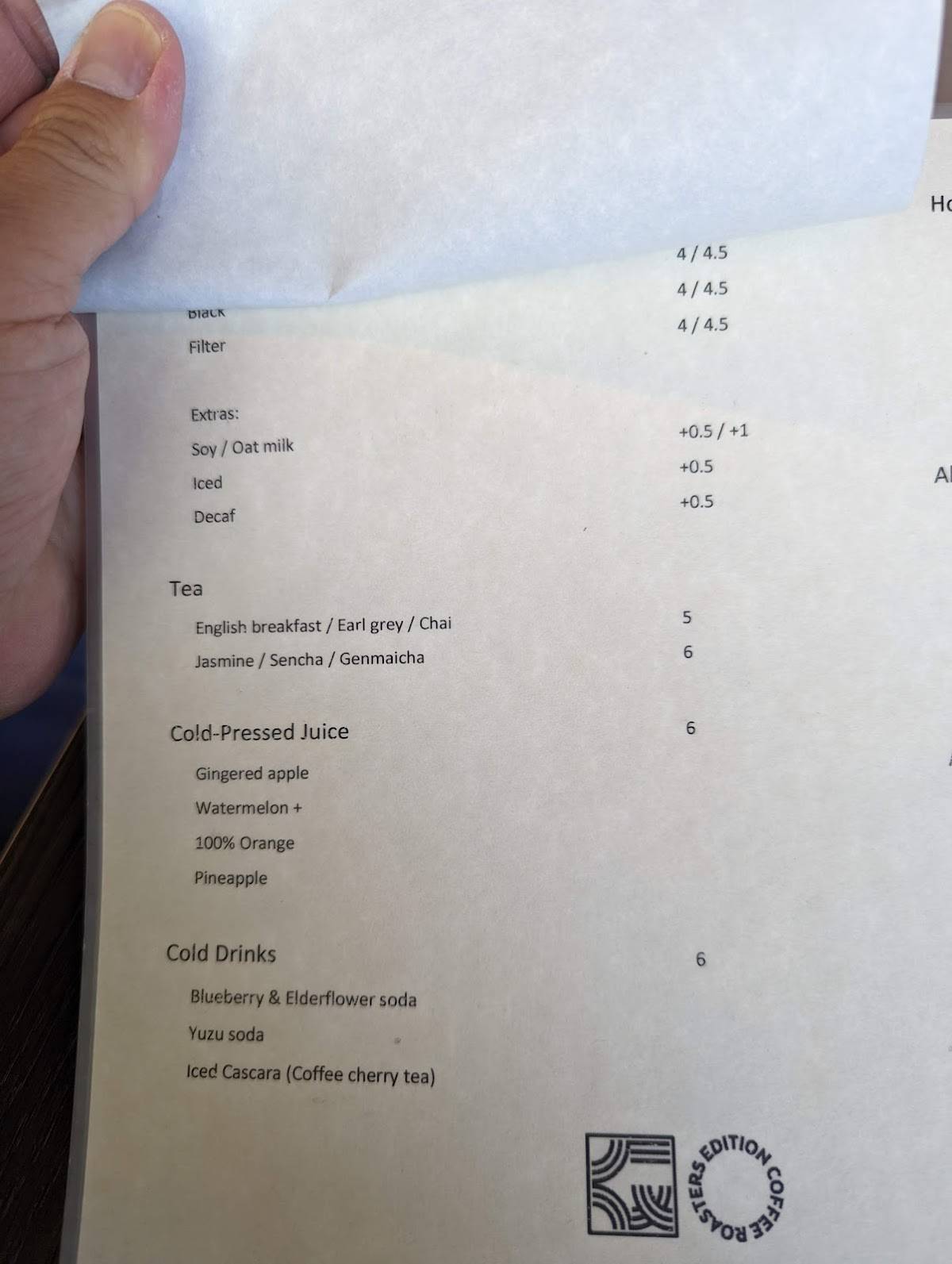 Menu at Edition Roasters cafe, Sydney, 60 Darling Dr