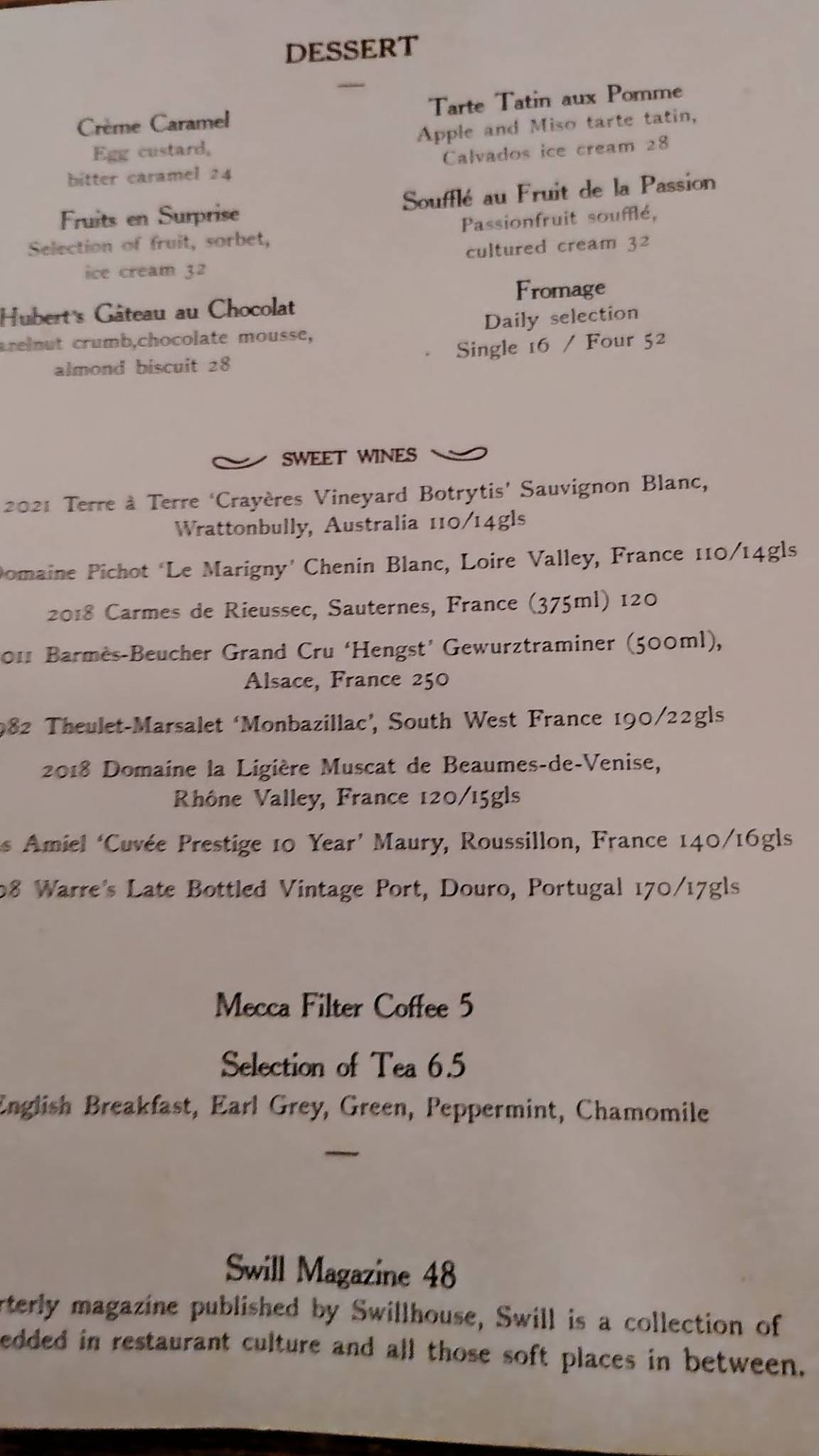 Menu at Restaurant Hubert, Sydney